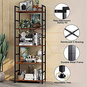 CosyStar 5-Tier Tall Bookcase, Rustic Wood and Metal Standing Bookshelf, Industrial Vintage Book Shelf Unit, Open Back Modern Office Bookcases