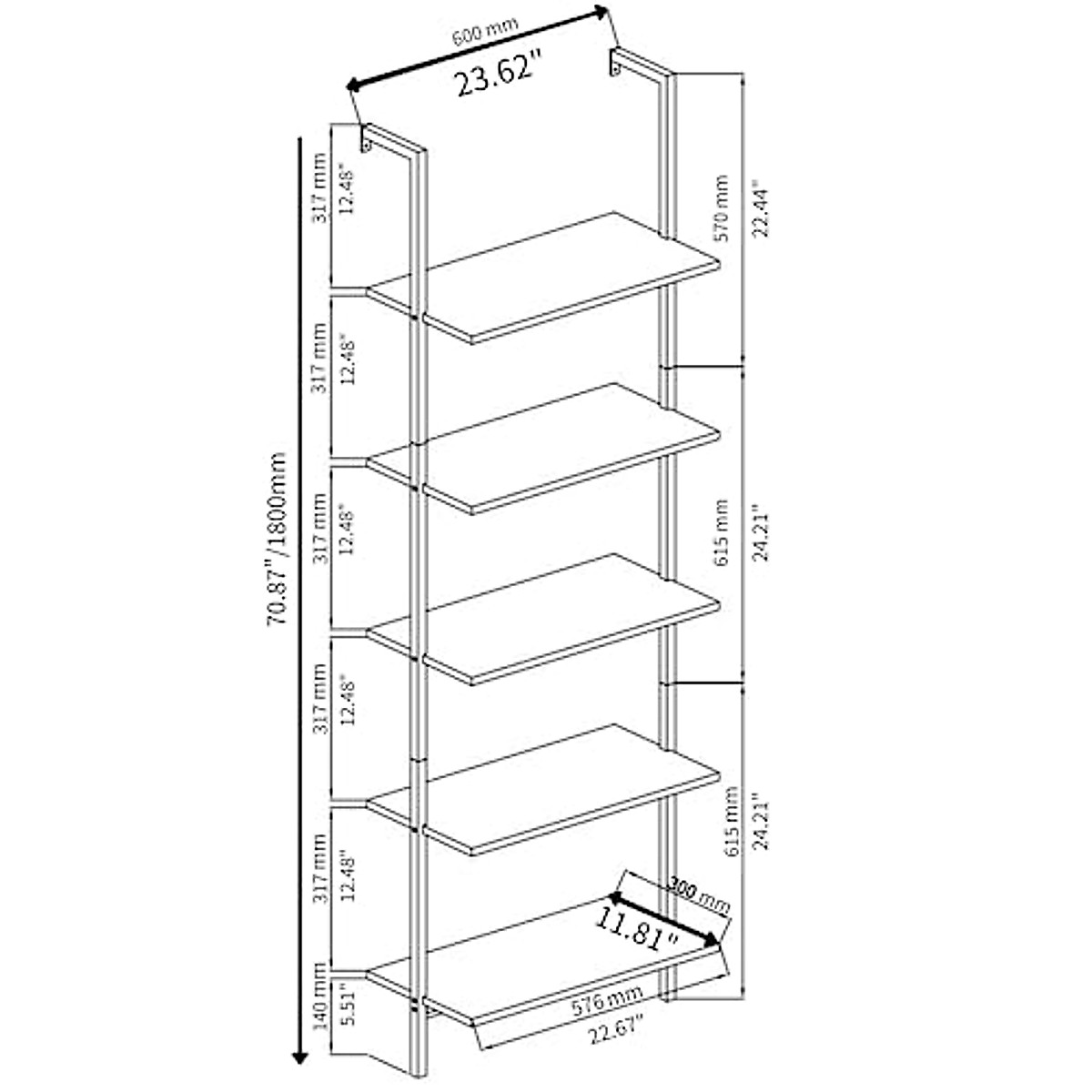 Karl home Ladder Shelf 5 Tier Wall Mounted Bookcase with Metal Frame, Open Design Shelves for Living Room, Bedroom, Home, Office, White (23.62" L x 11.81" W x 70.87" H)