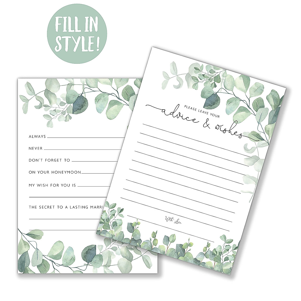 Your Main Event Prints Eucalyptus Advice and Wishes Cards for Bridal Showers, Weddings, and the Bride and Groom - Pack of 50 5"x7" Cards