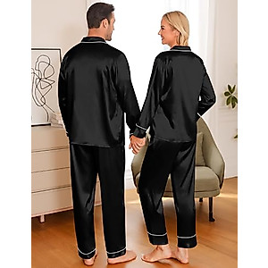 SWOMOG Couple Family Pajamas Matching Sets Women Silk Satin Pjs Set 2 Pcs Long Sleeve Button Down Sleepwear with 2 Pockets, Black Small