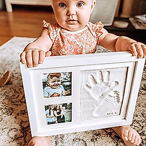 Co Little Baby Handprint & Footprint Kit (Date & Name Stamp) Clay Hand Print Picture Frame for Newborn - Best New Mom Gift - Foot Impression Photo Keepsake for Girl & Boy - White Feet Imprint Mold