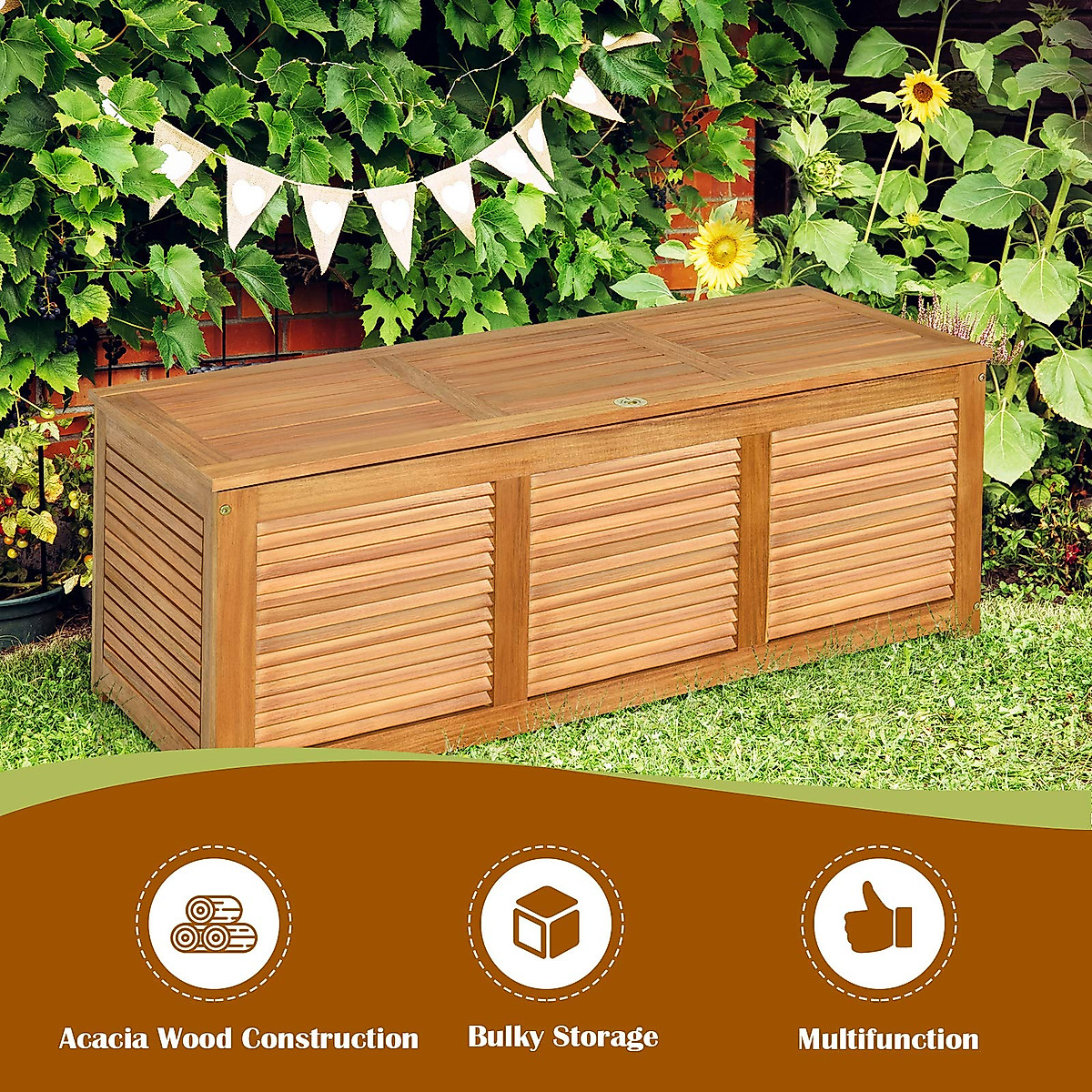 HAPPYGRILL 47 Gallon Acacia Wood Deck Box, Outdoor Storage Box Garden Tools Box Container for Patio Garden Garage