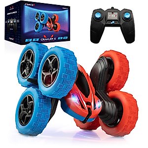 Force1 Crawler 6 Remote Control Car for Kids - 6 Wheeled RC Car Double Sided Driving with LEDs, 360 Flips, All Terrain RC Crawler Wheels, and 2.4 GHZ Remote Control, Red/Blue