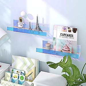 lamplig 2 Pcs Iridescent Shelves, 15'' Wall Mounted Kids Bookshelf, Acrylic Bookshelf for Toys, Rainbow Acrylic Floating Shelves Display Book Shelves for Kids Room Home Decor Ideal