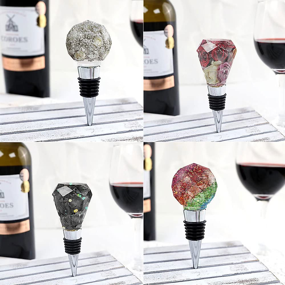 JOFAVIU 10 Pcs Resin Wine Bottle Stoppers Molds Set Accessories, Wine Stopper for Silicone Molds Epoxy Resin, Stopper Epoxy Resin Silicone Molds Set Kits (10 Metal Stoppers)