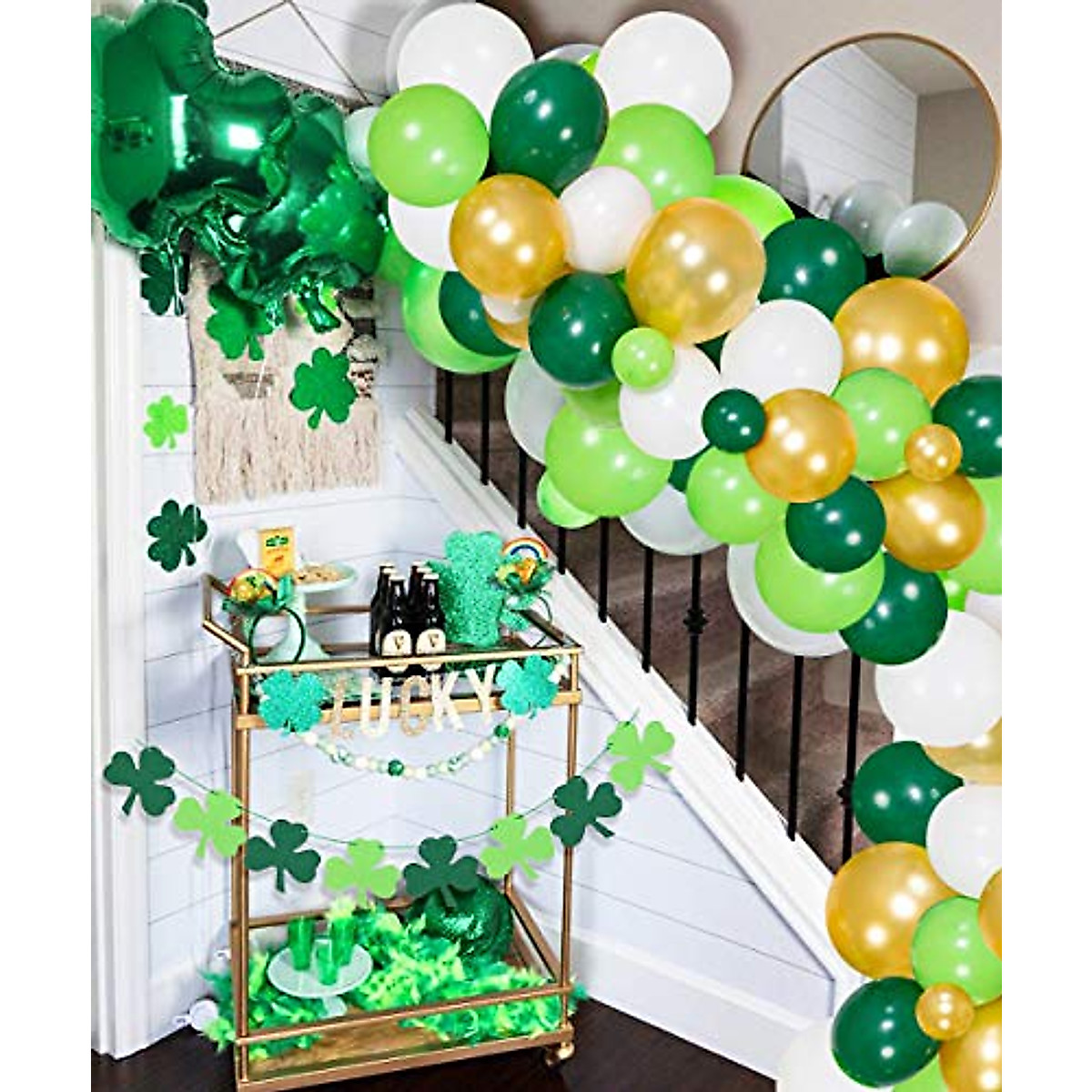 St. Patrick’s Theme Balloon Garland Decorations for Lucky Irish Party, Shamrock Garland Balloon Arch Kit Green and Gold