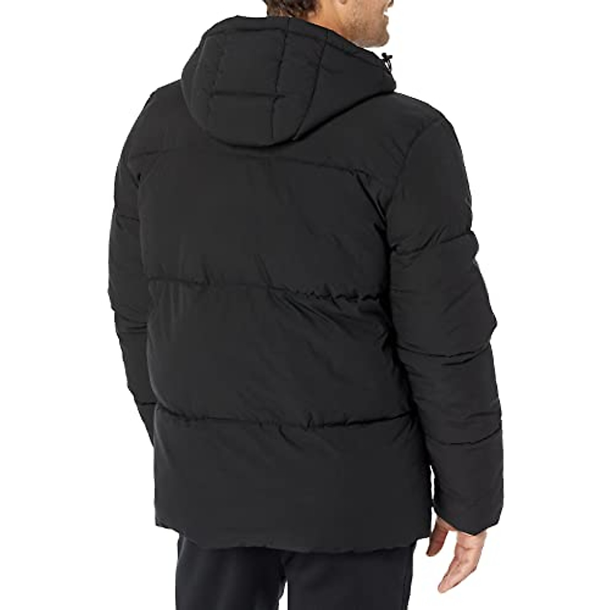 Amazon Essentials Men's Recycled Polyester Mid-Length Hooded Puffer (Available in Big & Tall), Black, Large