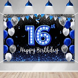 Happy 16th Birthday Backdrop Banner Blue Black Theme Background With Blue Neon Light Shiny Fashion Birthday Party Photo Photography Prop Booth Background for Boys Girls Celebration 70.8x47.2in-BECKTEN