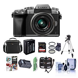 Panasonic LUMIX DMC-G7 Mirrorless Micro Four Thirds Camera with 14-42mm Lens, Silver - Bundle with Camera Case, 64GB SDXC U3 Card, Spare Battery, Tripod, 46mm Filter Kit, Software Package, and More