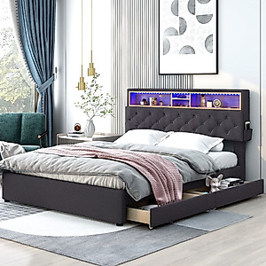 Harper & Bright Designs Queen Bed with Storage Headboard, LED, USB Charging and 2 Drawers, Linen Fabric Upholstered Platform Bed Wood Frame, No Box Spring Needed (Queen Size, Dark Gray)
