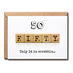 Scrabble 50Th Decade Birthday Card - 50 Its Only 14 In Scrabble - Birthday Greeting Card - Funny Greeting Card - Meaningful Greeting Cards.