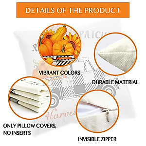 MingTa Happy Fall Pillow Covers 18x18 Set of 4, Linen Buffalo Plaid Maple Pumpkin Truck Farmhouse Thanksgiving Throw Pillow Covers Outdoor and Indoor, Pillow Cases for Sofa Couch Fall Home Decor