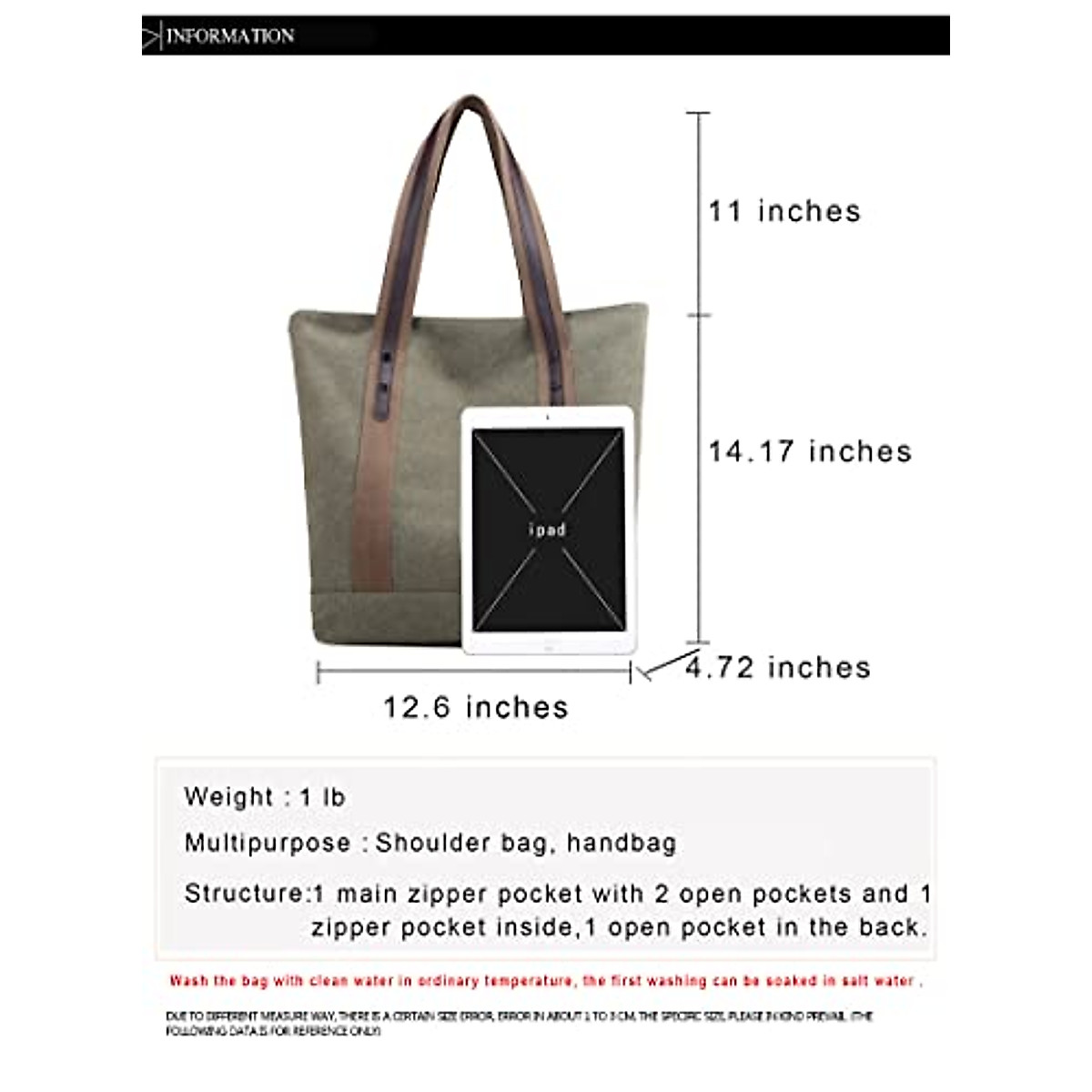 Eamom large vintage bags for women canvas tote bag with zipper shoulder purses and handbags (Green)