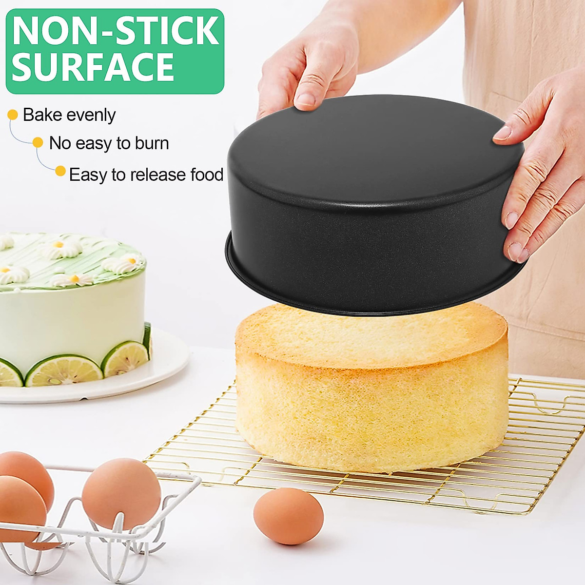 P&P CHEF 6 x 3 Inch Nonstick Cake Pan Set, 2-Piece Round Baking Cake Pans for Small Birthday Wedding Layer Cake, Deep Side & One-piece Design, Stainless Steel Core & Non Toxic, Black