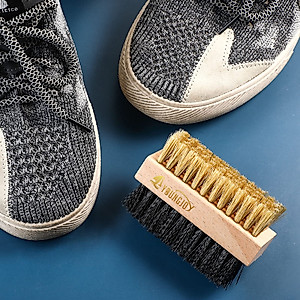 YoungJoy 2 Pieces Dual Sided Sneaker Shoe Cleaner Brush Set Shoes Clean Brush Kit Both Boar and Plastic Bristles with Microfiber Cloth (A)