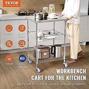VEVOR Kitchen Utility Cart, 20"x24"x36.6" 3 Tiers Wire Rolling Cart, 470LBS Capacity Steel Service Cart with Brake Wheels, Storage Trolley with 76mm Basket PP Liner 6 Hooks, for Indoor & Outdoor Use