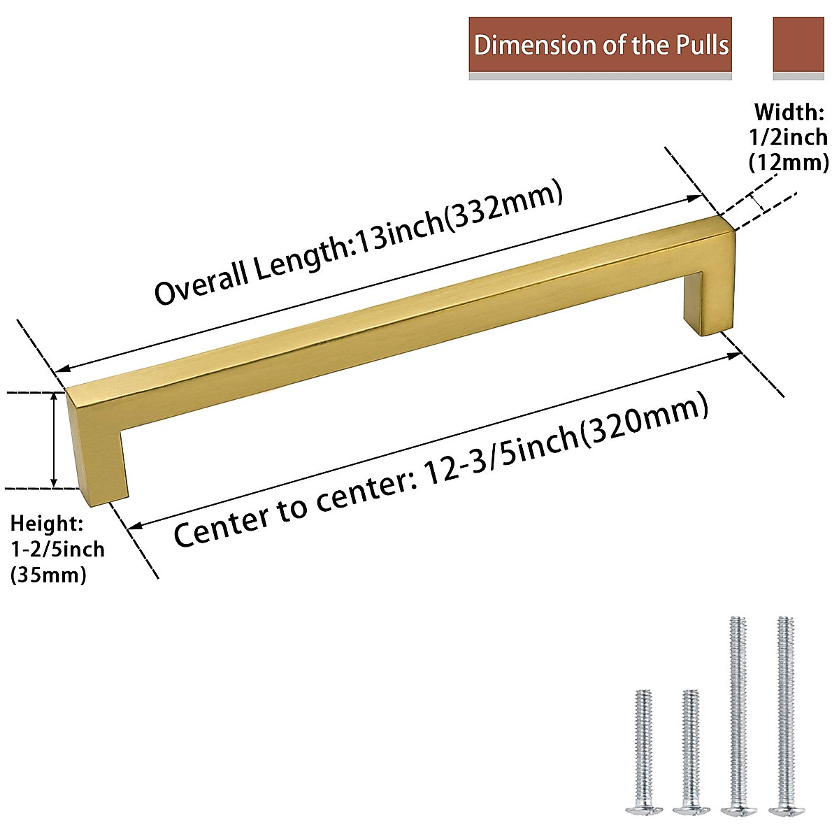 goldenwarm 5 Pack Gold Cabinet Pulls Brushed Brass Drawer Pulls - J12GD320 Gold Kitchen Cabinet Handles Square Bar Pulls Antique Brass Bathroom Cabinet Hardware 12-3/5 Inches Hole Spacing