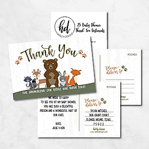 25 Girl or Boy Woodland Baby Shower Thank You Note Card Bulk Set, Blank Cute Animals Gender Reveal Neutral Sprinkle Postcards, No Envelope Needed For Party Gift, Personalize Printable Cardstock