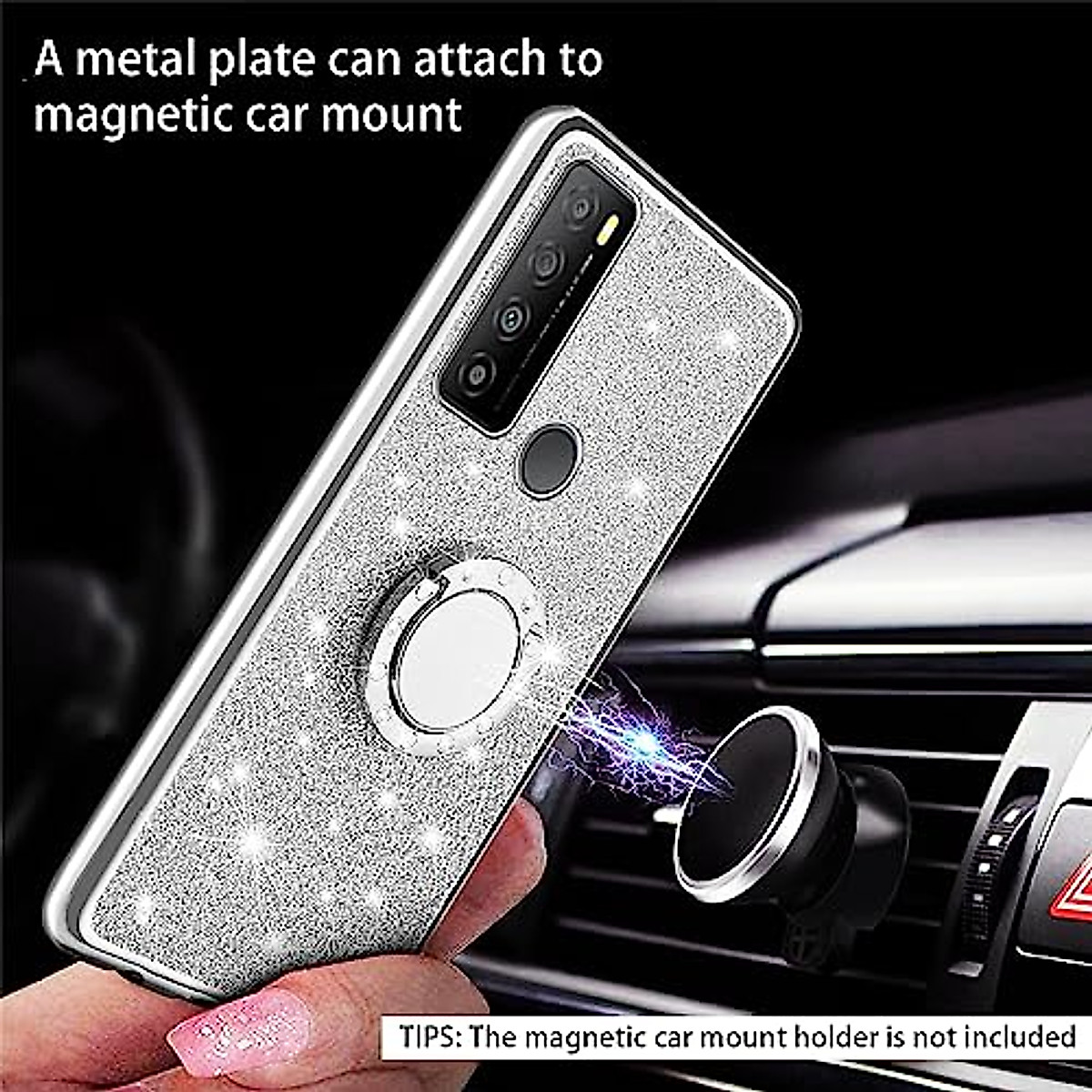 Easyscen Case for TCL 30 XL (6.82"), Clear Glitter Soft TPU Shockproof Protective Bumper Cover with Kickstand Lanyard, Sparkly Cute Slim Women Girls Phone Case for TCL 30 XL T701DL - Silver