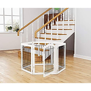 PAWLAND 144-inch Extra Wide 30-inches Tall Dog gate with Door Walk Through, Freestanding Wire Pet Gate for The House, Doorway, Stairs, Pet Puppy Safety Fence, Support Feet Included, White,6 Panels