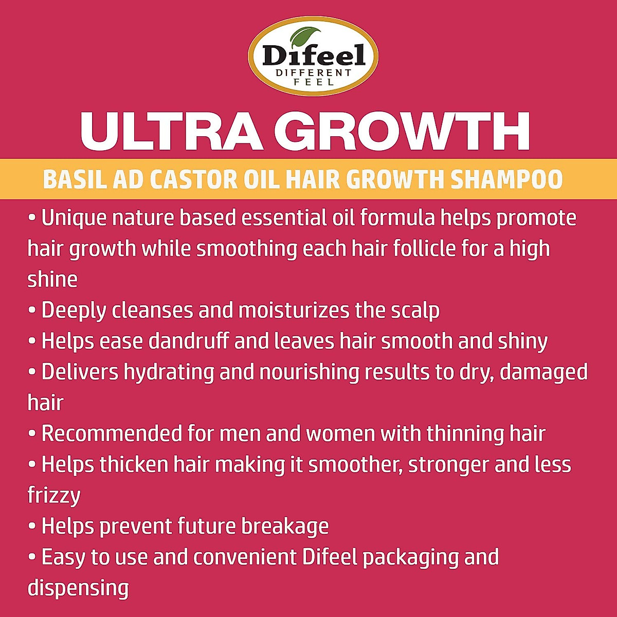 Difeel Brand Ultra Growth Shampoo, 12 oz - Made with Basil & Castor Oil, Sulfate Free, Natural , Pro Growth for Thinning Hair, Unisex