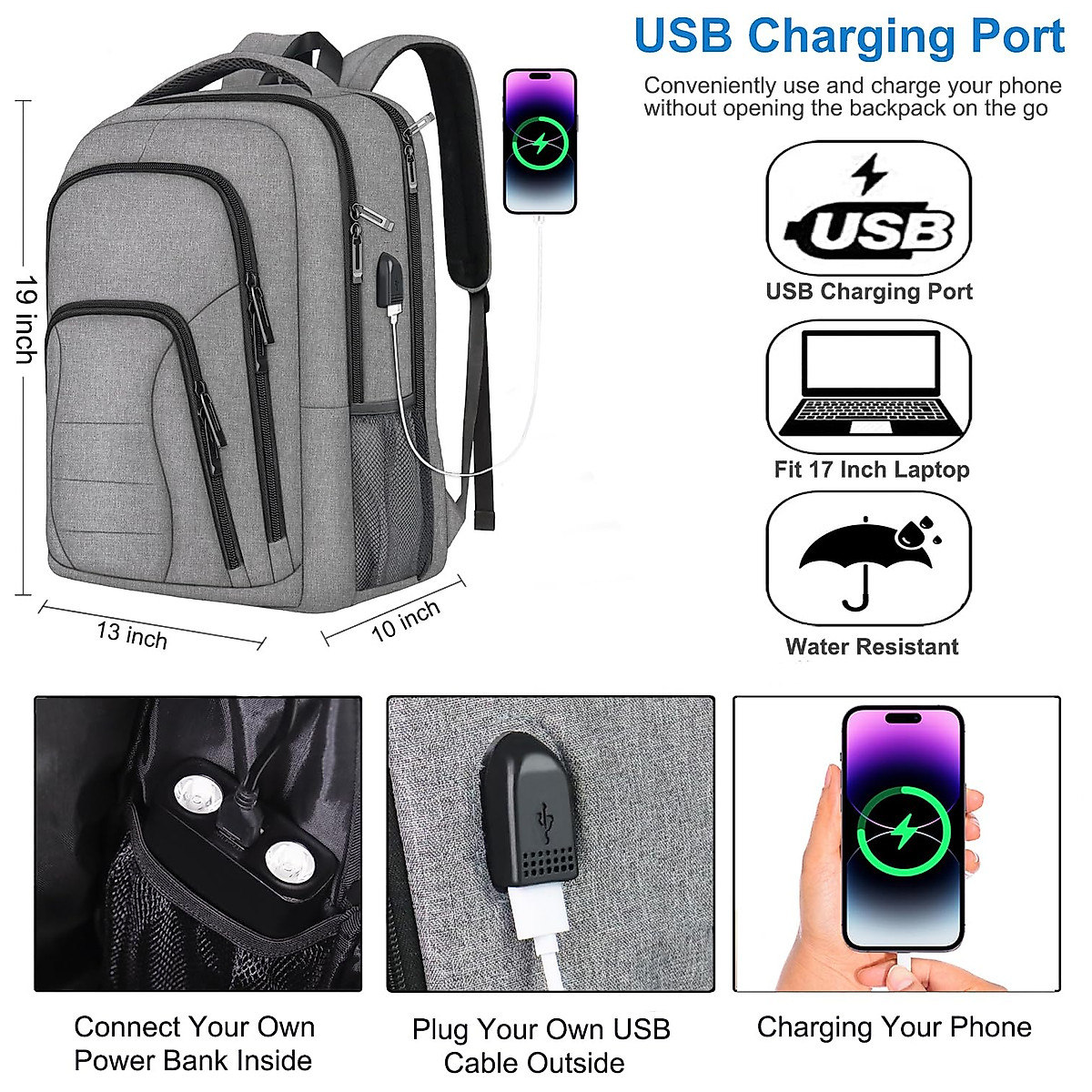 Travel Large Laptop Backpack, TSA Friendly 17 Inch Laptop Backpack for Men Women Water Resistant Business Carry On Backpack with USB Charger Port and Luggage Sleeve Work Anti Theft Rucksack, Grey