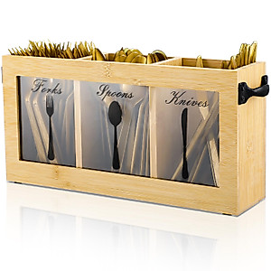 Silverware Caddy Organizer Bin Utensil Cutlery Holder with Acrylic Front Panel 3 Compartments Spoon Fork Knife Holder Kitchen Tableware Storage Box Wood Flatware Caddy for Countertop (Bamboo Color)