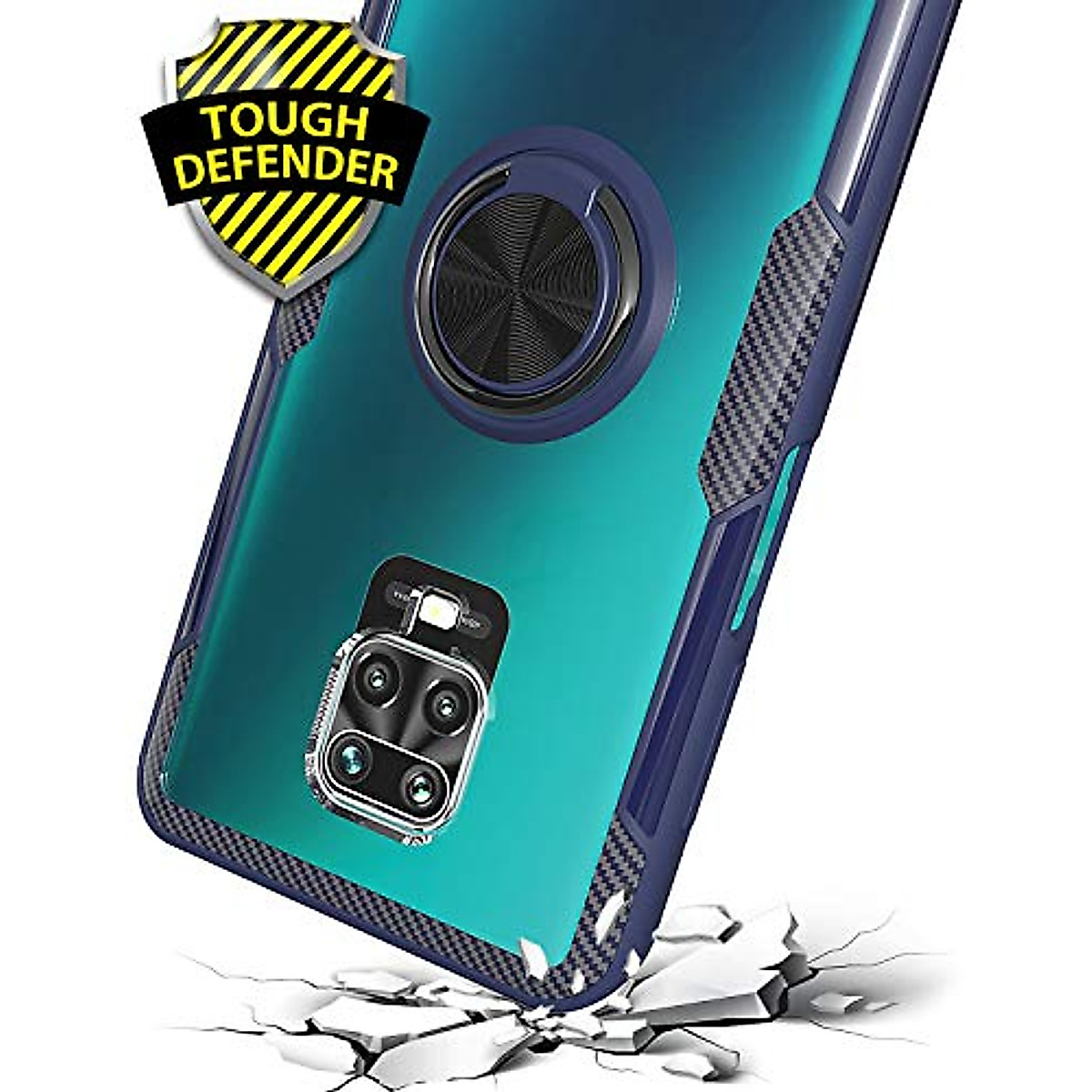 QSEEL for Xiaomi (Redmi Note 9S /Redmi Note 9 Pro/Redmi Note 9 Pro Max) Clear Ring Armor Case, Shockproof Cover Defender Combined with Soft TPU Rim, Crystal Acrylic Panel and Built-in Holder (Blue)