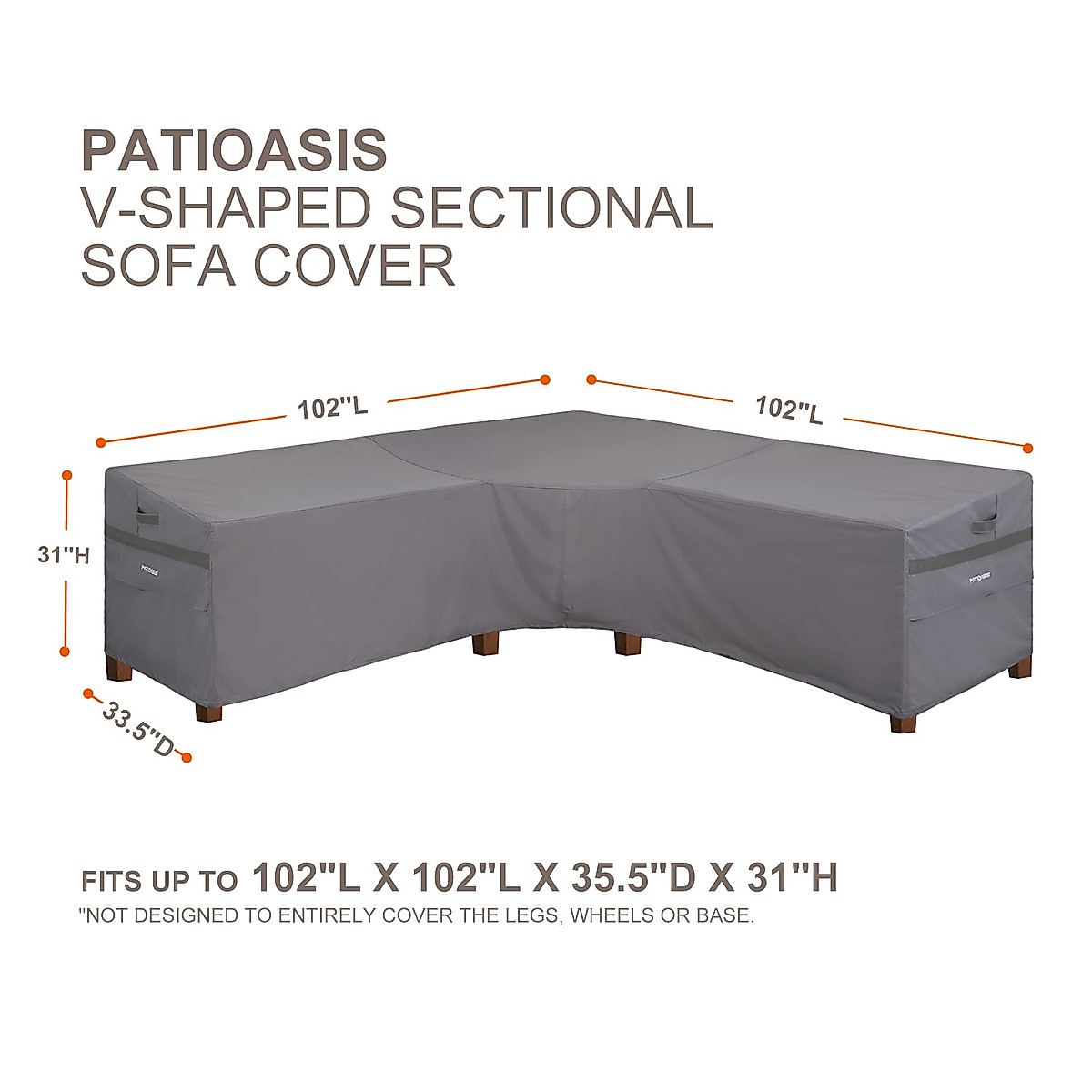 PATIOASIS Grey Outdoor V-Shaped Sofa Cover 102''L x 102''W x 35.5''D x 31/26''H Waterproof Sectional V Shape Patio Furniture Cover All Weather Proof