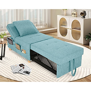 SEJOV Sleeper Sofa Chair Bed,4-in-1 Convertible Sofa Bed Chair with 6 Adjustable Backrest and Pillow, 3-Seat Pull Out Sleeper Chair Linen No Backrest for Bedroom Small Space Living Room, Sky Blue