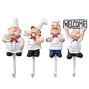 4 PCS Cute French Chef Design Adhesive Wall Hooks Heavy Duty Cook Wall Mount Rack Hook Hanger Kitchen Home Decoration