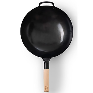 Craft Wok Black13 Pre-Seasoned Hand Hammered Carbon Steel Pow Wok with Wooden and Steel Helper Handle (13 Inch, Round Bottom)