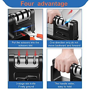 QYQOQU Kitchen Knife Sharpener and Scissor Sharpeners, 4-in-1 Hunting Outdoor Knife Sharpener, Safely Sharpen Knives with Diamond, Ceramic,Tungsten for Knife and Scissors Black