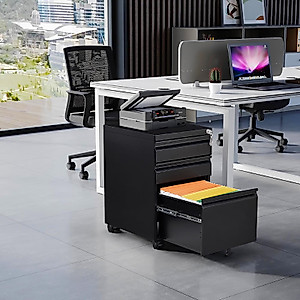 GREATMEET 3 Drawer Mobile File Cabinet,Metal Filing Cabinet with Lock,Under Desk Drawer for A4/ Legal/Letter Size,Fully Assembled, Black
