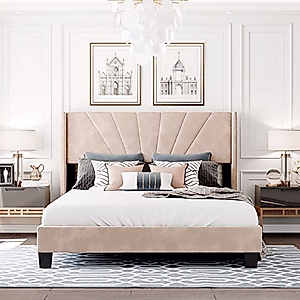 Woanke Queen Size Platform Bed, Velvet Upholstered Bed Frame with Headboard, Box Spring Needed, Beige