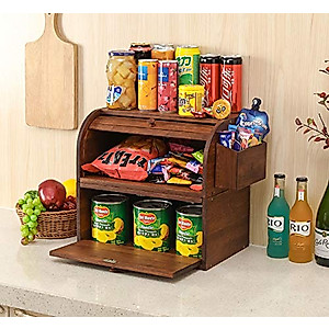 TQVAI Bamboo Bread Box for Kitchen Counter Dobule Layer Roll Top Bread Storage Container with Silverware Basket - Can Use as 2 Individual Bread Bin - Assembly Required, Retro Brown