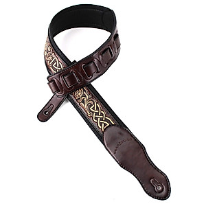 Walker & Williams KB-05-BRN Dark Walnut Full Grain Center Block Carving Leather Padded Guitar Strap With Aged White Celtic Chain