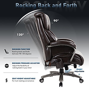 Big and Tall Office Chair 500lbs-Heavy Duty Ergonomic Computer Chair with Extra Wide Seat, High Back Executive Large Desk Chair with Thick Bonded Leather and Tilt Rock, Adjustable Lumbar Support-Brown
