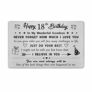 FALOGIJE 18th Birthday Card Gifts for Grandson, Birthday Gifts for 18 Year Old Grandson, Engraved Metal Wallet Card