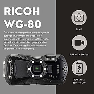 Ricoh WG-80 Digital Camera (Black) Bundle with 5 TB Portable Hard Drive, Gadget Bag with Accessory and Cleaning Kit (3 Items)