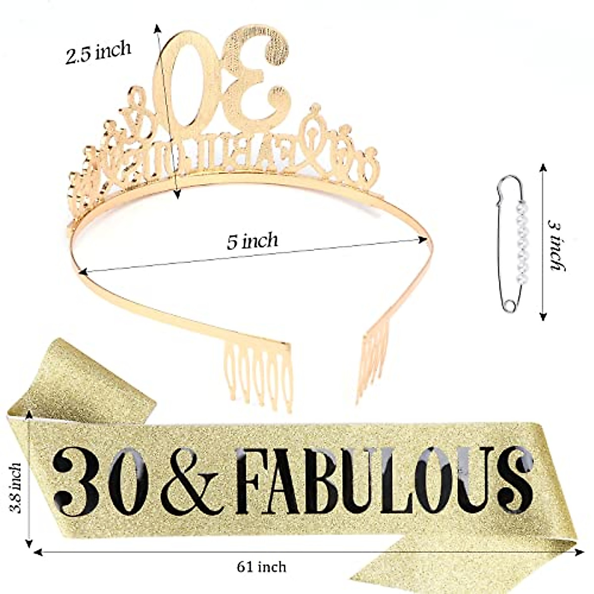 FASOTY 30th Birthday Decorations for Women,30th Birthday Sash,30th Birthday Crown,30th Birthday Tiara,Birthday Crowns for Women 30 and Fabulous,Happy 30th Birthday Gifts for Her