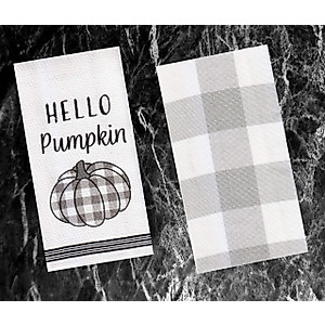 Mainstream Hello Pumpkin Kitchen Hand Towels, Grey and White Checked Buffalo Plaid, Set of 2 Coordinating Cotton Dishtowels for Fall and Thanksgiving Decorating, 16 x 26 inches