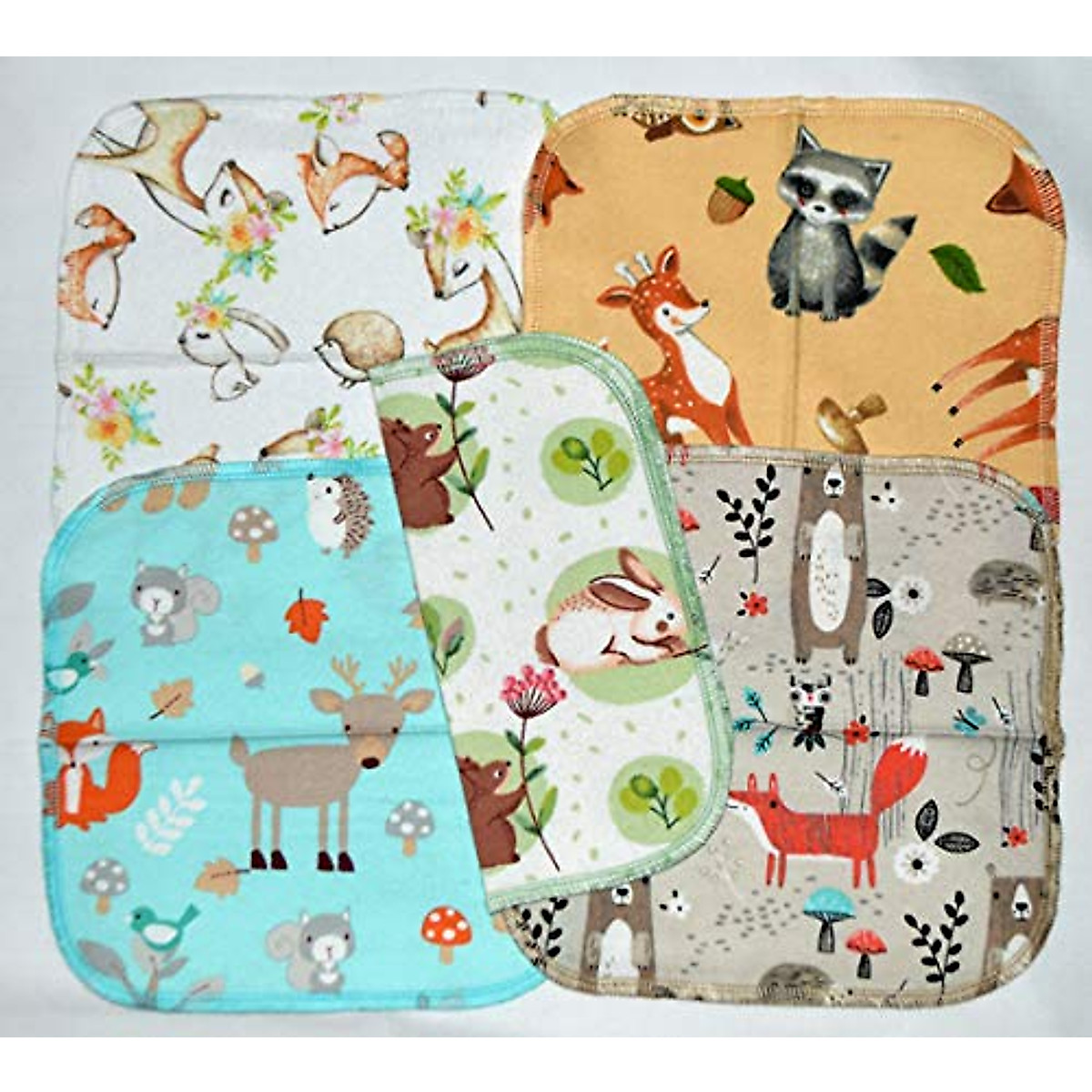 1 Ply Printed Flannel Little Wipes 8x8 Inches Set of 5 Sweet Woodland Animals