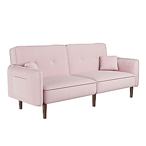 LOPOO Modern Convertible Sleeper Futon Sofa Bed with Solid Wood Legs, Stylish Fabric Upholstery, Foldable Loveseat Velvet Couch, Comfortable Foam Filling, 2 Side Pockets, 3 Positions, Pink