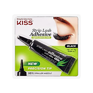 KISS Black Strip Lash Adhesive with Aloe, Dermatologist Tested, Formaldehyde Free, Non-Irritant, Contact Lens Friendly, Secure Hold, Contains Latex, with Control Nozzle Tip, 0.24 Ounce
