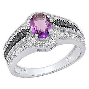 Dazzlingrock Collection Sterling Silver 7X5 Oval Cut Amethyst & Round Black & White Diamond Engagement Ring, Size 5