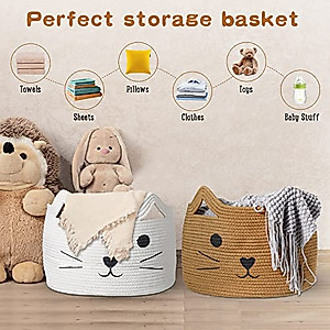 2 Pieces Large Cat Toy Basket Woven Cotton Rope Storage Basket Large Cute Cat Laundry Basket Organizer Animal Design Toy Storage Organizer Baby Hamper Cat Nursery Bins Boxes, White, Brown