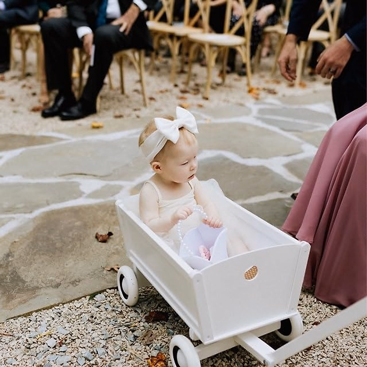 Premium Wooden Wagon STAS - Safe and Beautiful | Ideal for Weddings and Flower Girls | Color: White Fluff| Wheels: Rubber