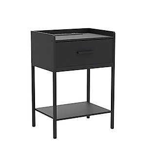 YAHARBO Nightstand with Charging Station and USB Ports, 3-Tier End Side Table with Storage Drawer and Shelf, Bedside Night Stand for Bedroom- Black