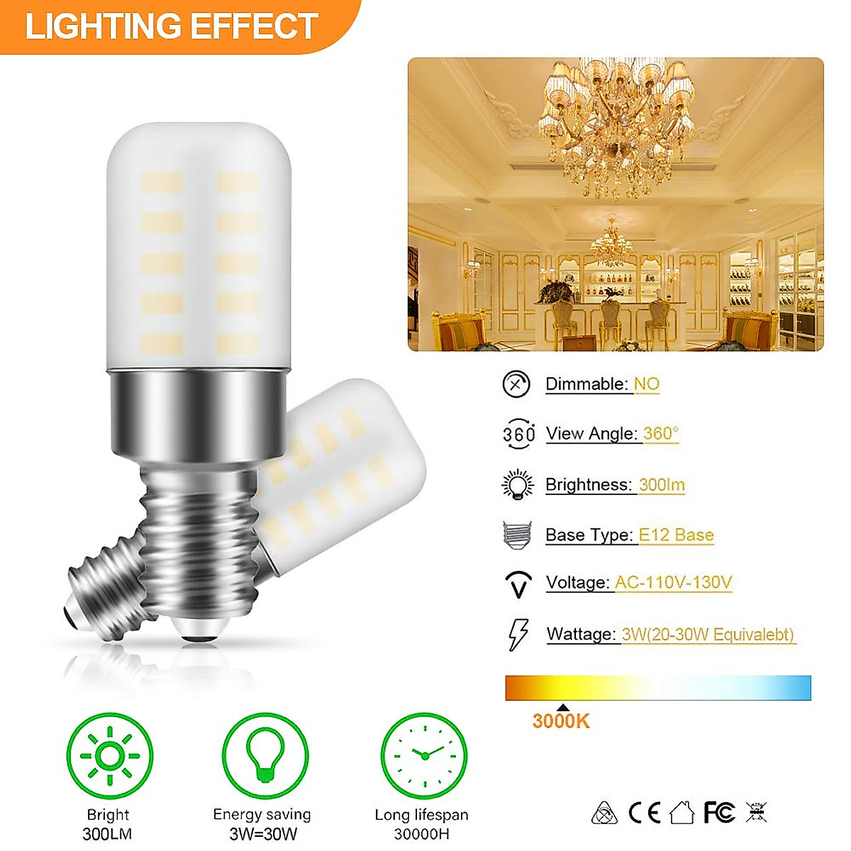 E12 LED Bulb 3W E12 Candelabra Bulbs Equivalent to Halogen Bulb 25W 120V Warm White 3000K C7 Bulb Candle Base for Chandeliers, Ceiling Fan, Dryer Drum, Himalayan Salt Lamps, Refrigerator (2-Pack)